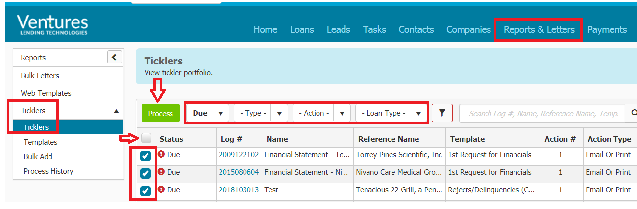 Processing Ticklers in Bulk - Ventures+