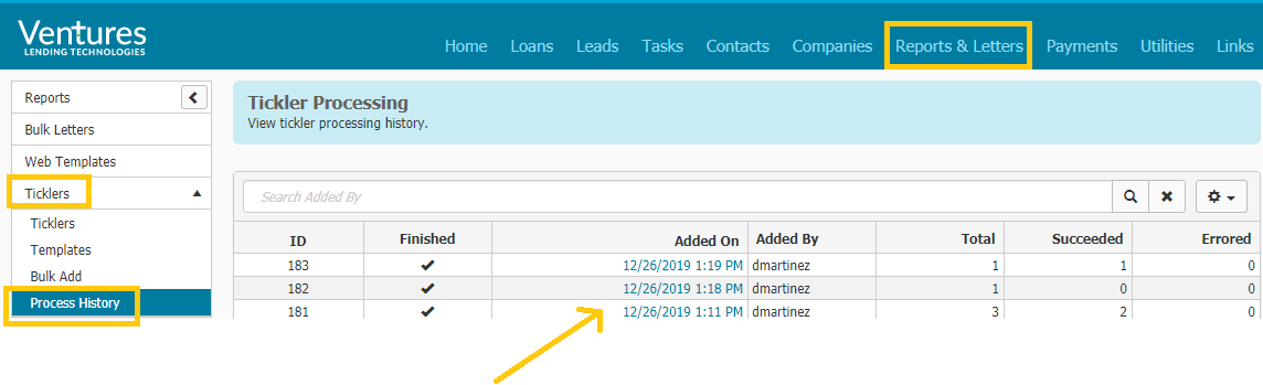 Tickler Process History - Ventures+